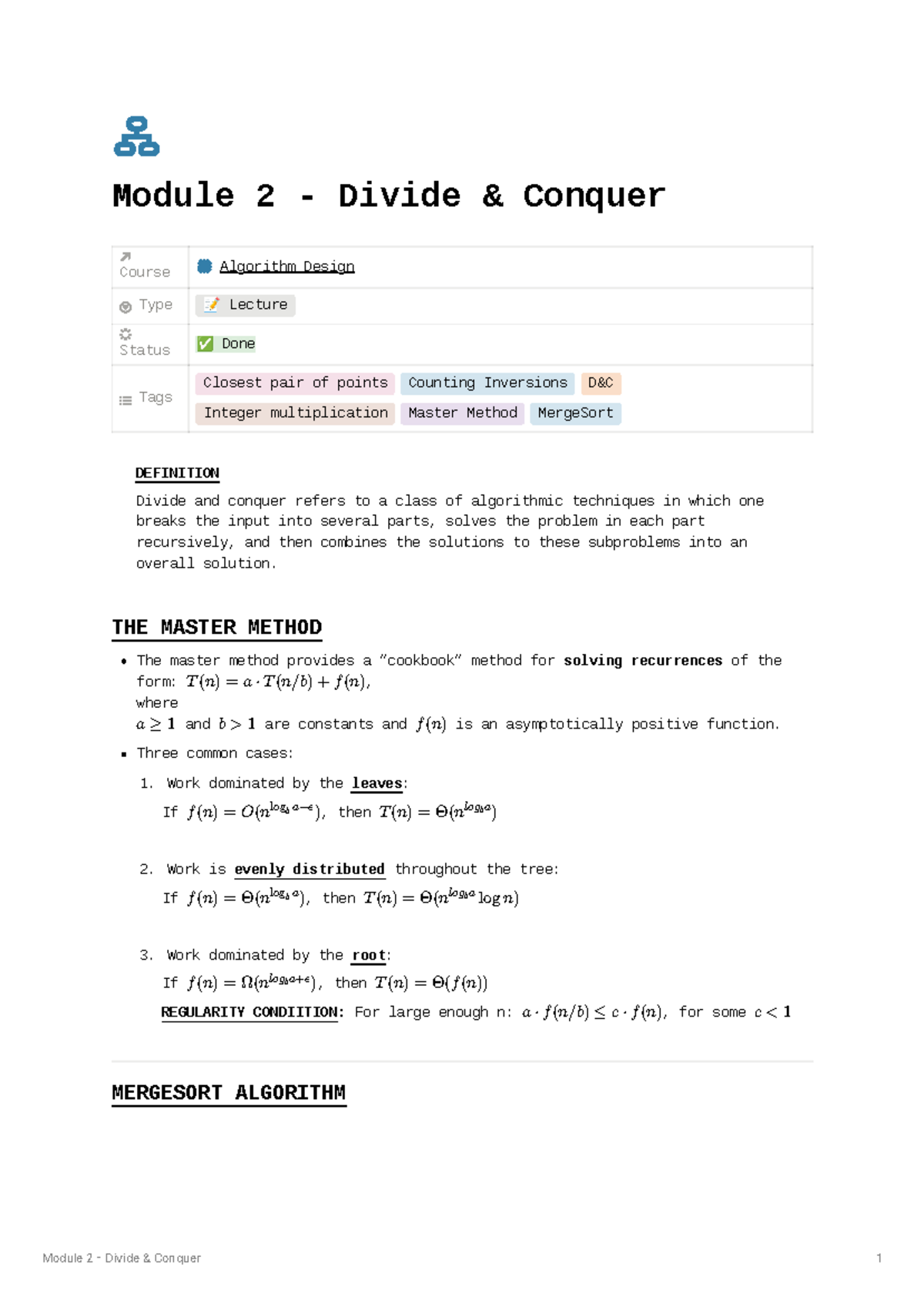 Module 2 Divide And Conquer Module 2 Divide And Conquer Course Algorithm Design Type 📝 Lecture