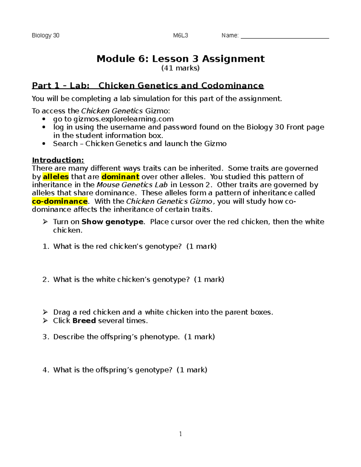 Bio 30 M6L3 - biology 30 - Module 6: Lesson 3 Assignment (41 marks ...
