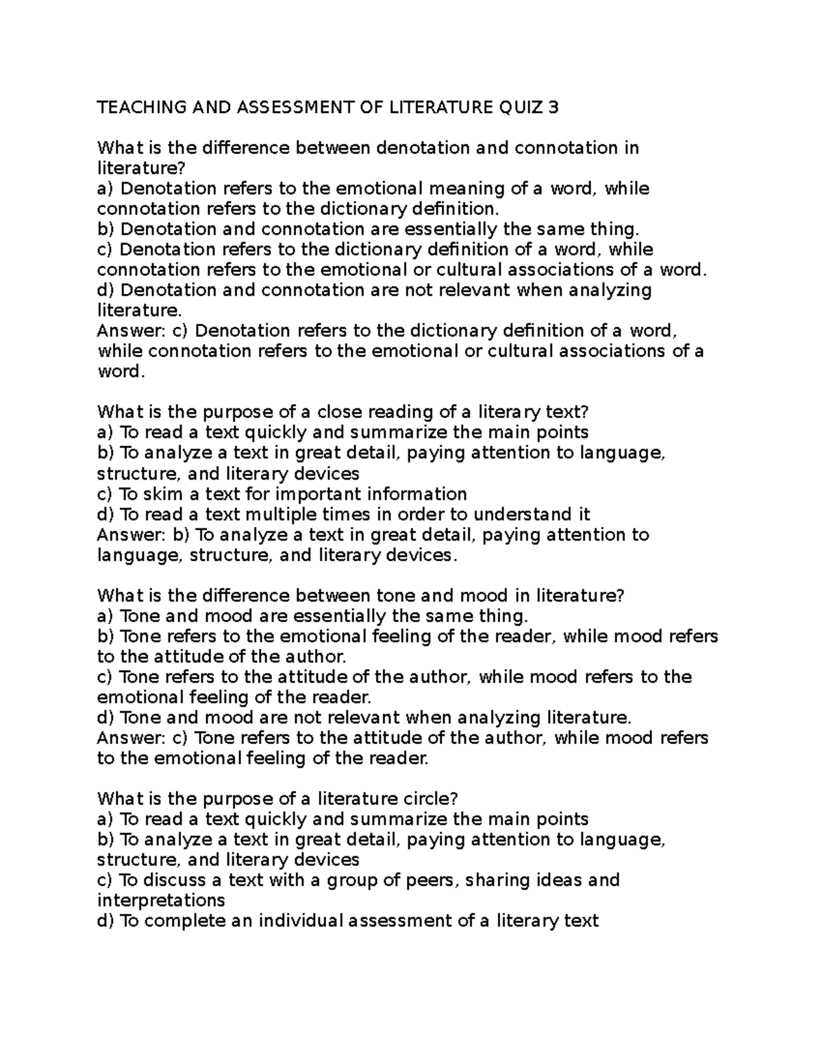 Teaching AND Assessment OF Literature QUIZ 3 - TEACHING AND ASSESSMENT ...