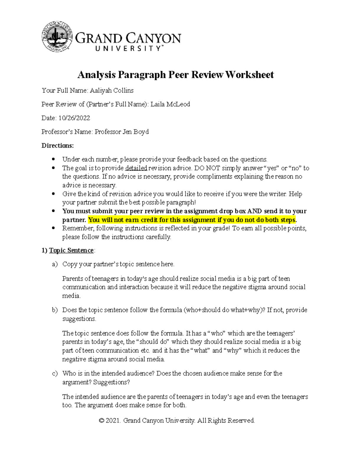 UNV-100 Analysis Paragraph Peer Review Worksheet #2 - Analysis ...
