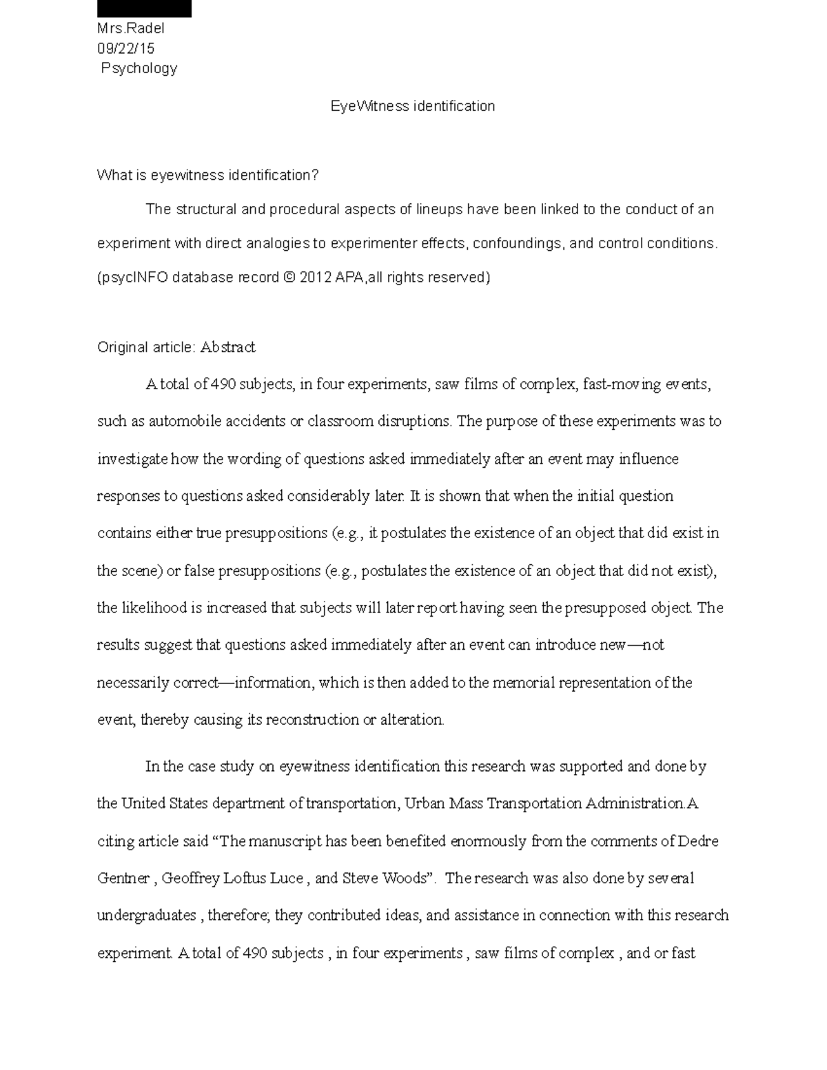 Eye Witness identification - Mallory Moore Mrs 09/22/ Psychology ...