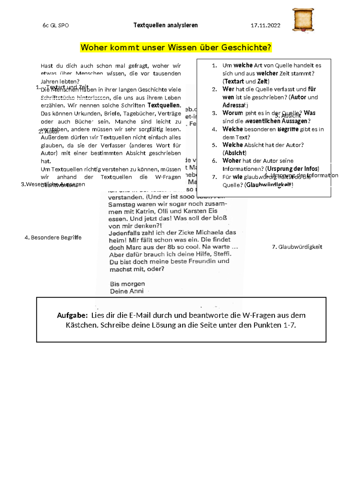 AB1 - ……. - 6c GL SPO Textquellen analysieren 17. Woher kommt unser Wissen über Geschichte? Hast ...