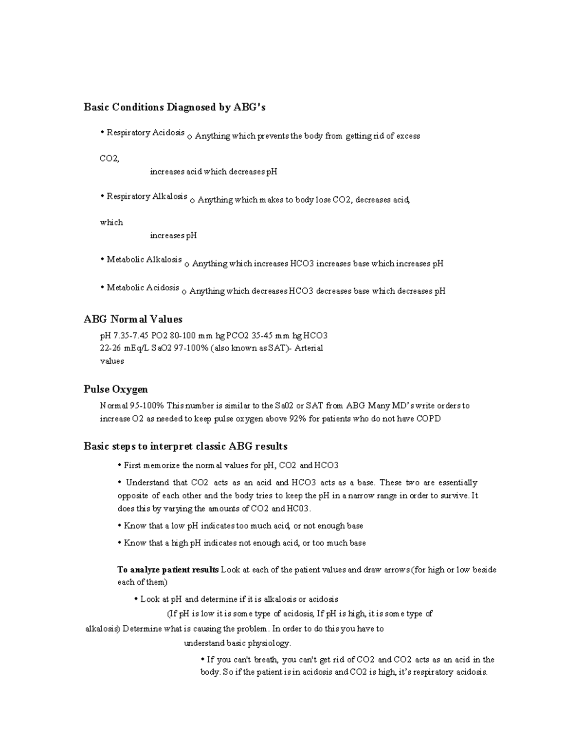 ABGs Review QUIZ - Basic Conditions Diagnosed by ABG's • Respiratory ...