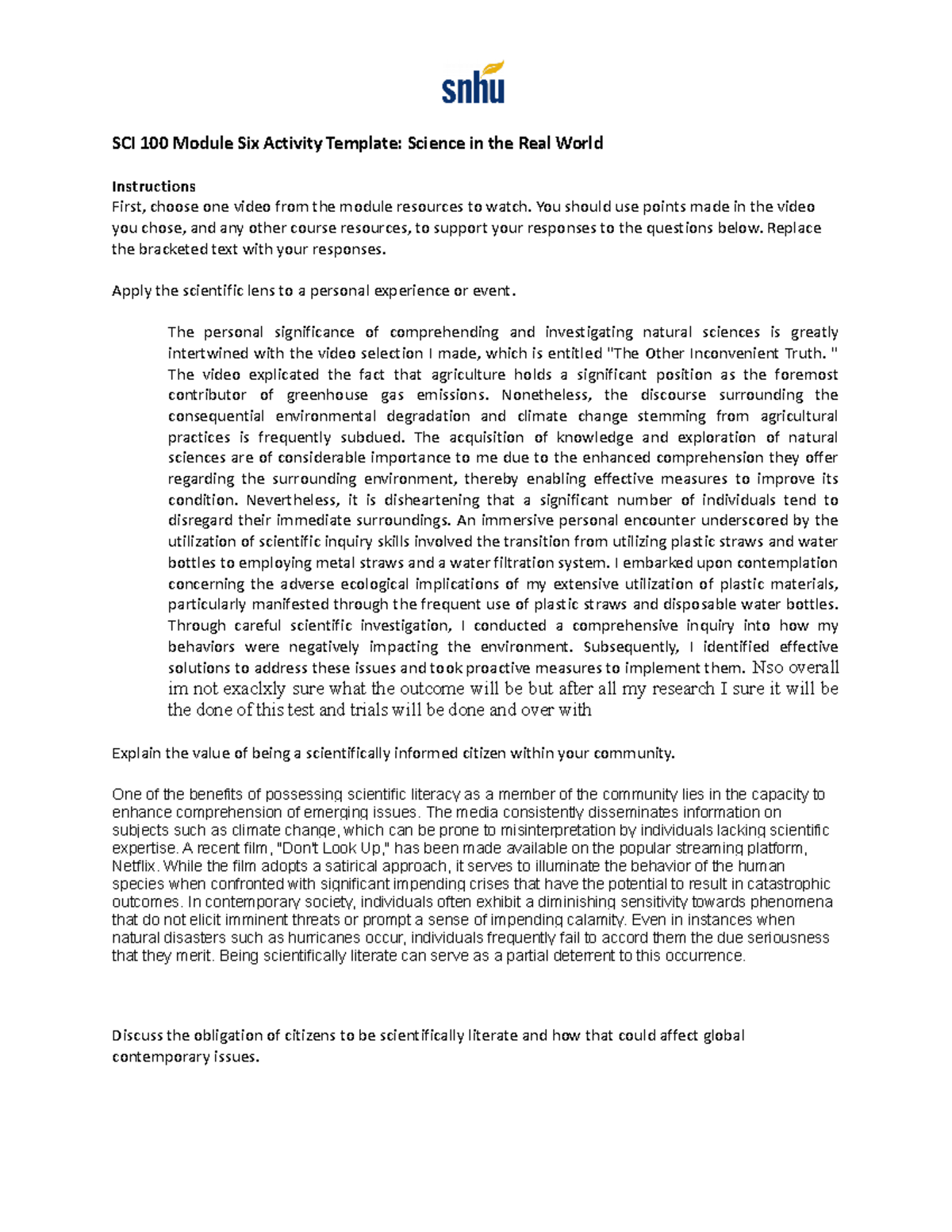 SCI 100 Module Six Activity Template - You should use points made in ...