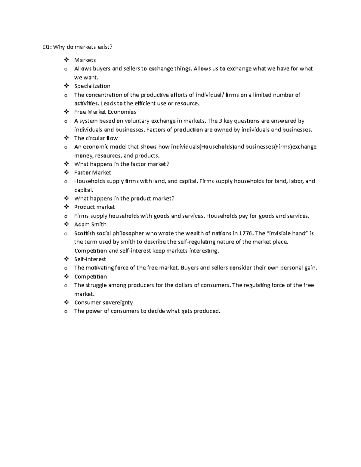 Free market notes - EQ: Why do markets exist? Markets o Allows buyers ...