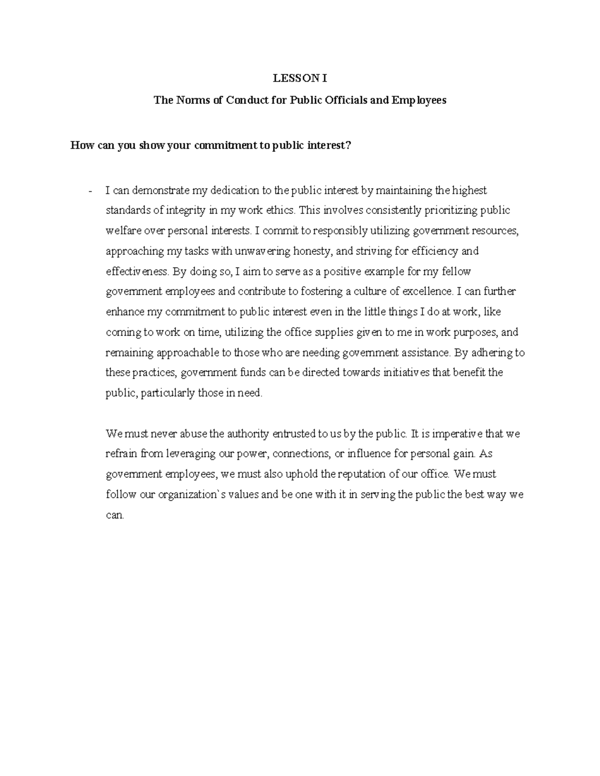 DLP - Distance Learning Program Essay - LESSON I The Norms of Conduct for Public Officials and ...