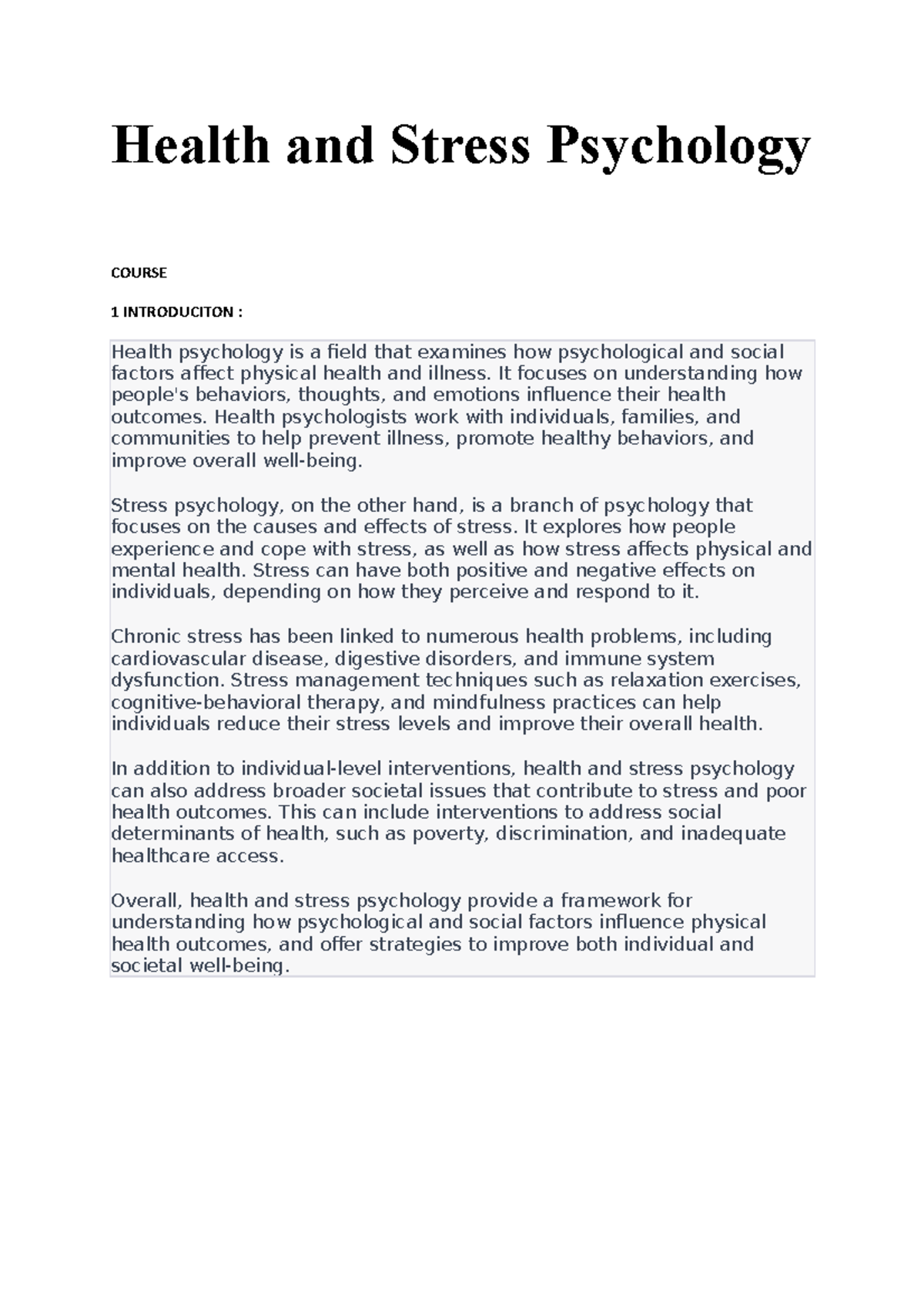 Health and Stress Psychology - Health and Stress Psychology COURSE 1 ...