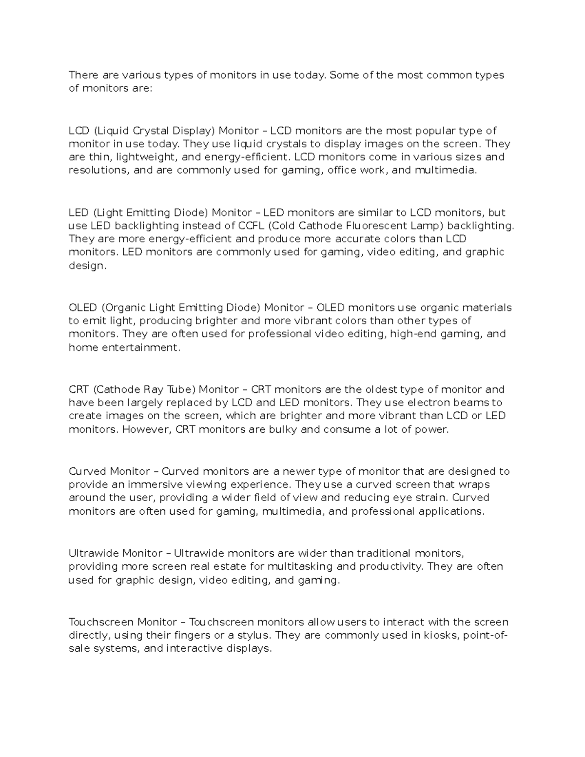 Document - There are various types of monitors in use today. Some of ...