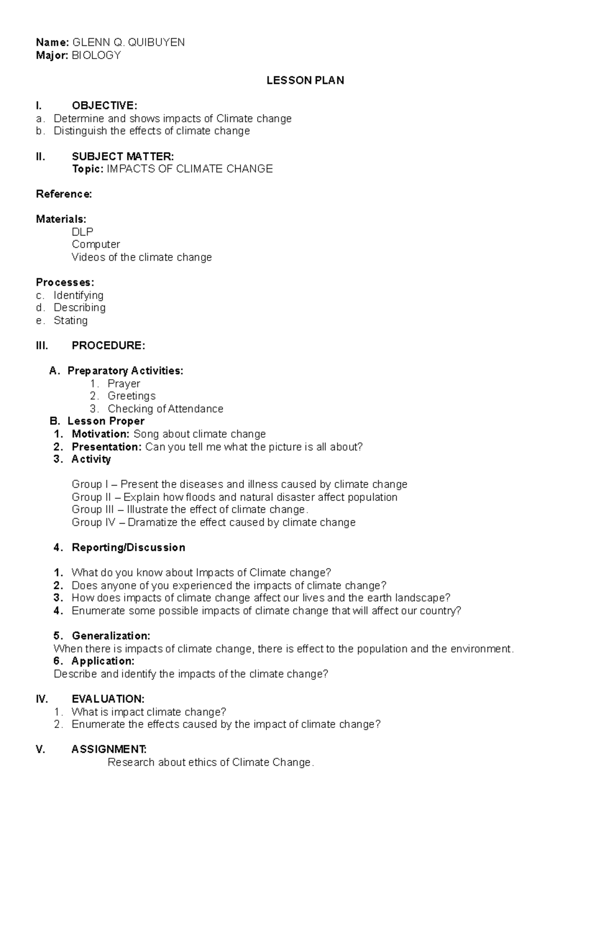 Lesson PLAN DEMO - Name: GLENN Q. QUIBUYEN Major: BIOLOGY LESSON PLAN I ...
