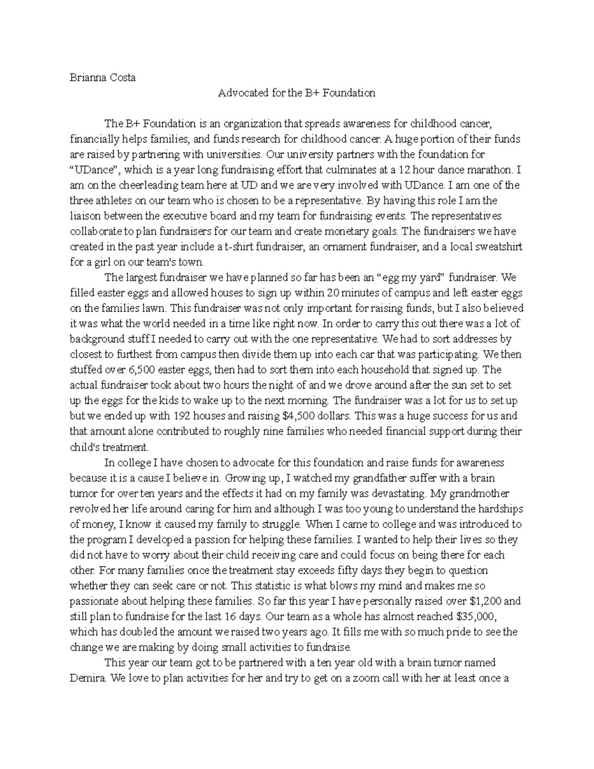 Civic Engagement Paper - Brianna Costa Advocated for the B+ Foundation ...