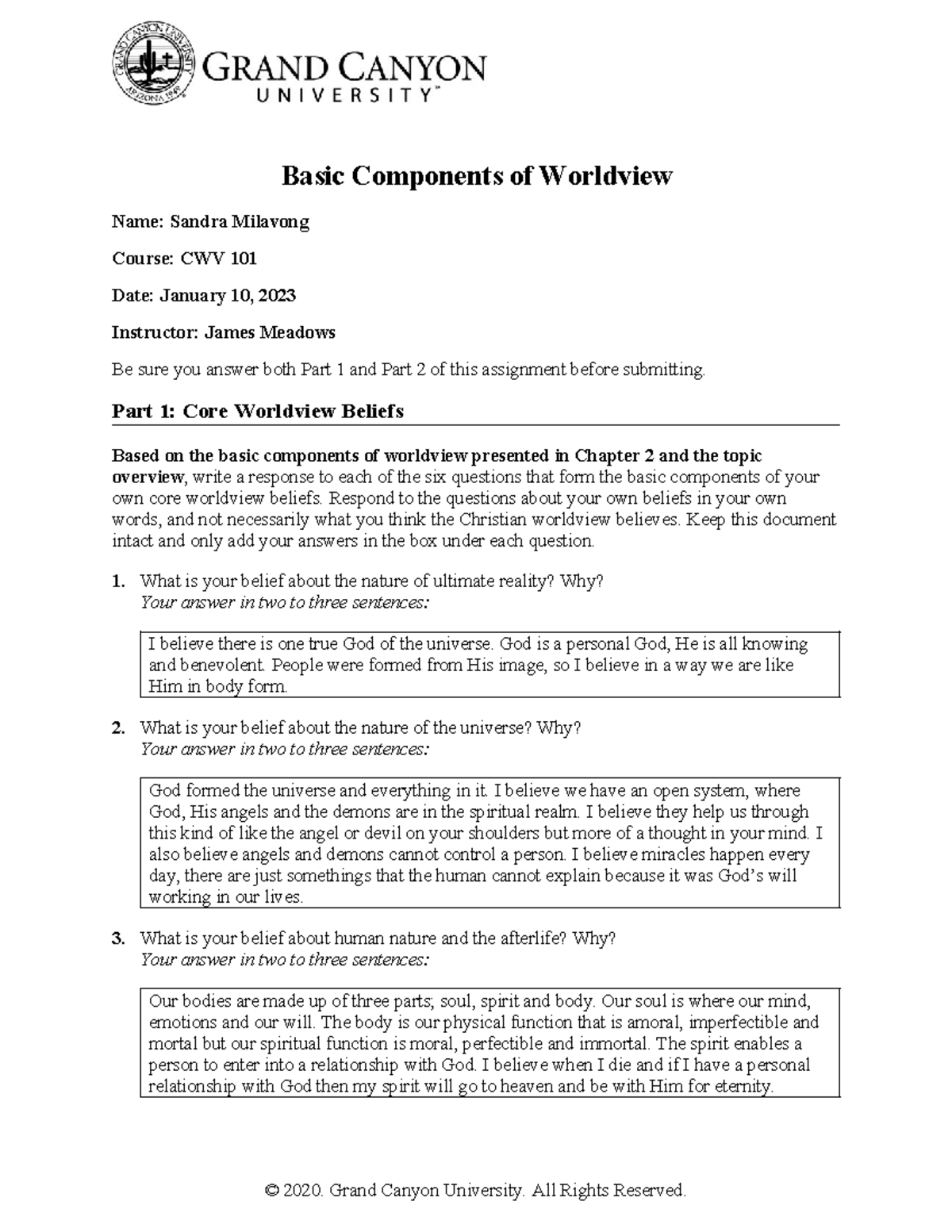 CWV-101 TP1 - Basic Components of worldview - Basic Components of ...