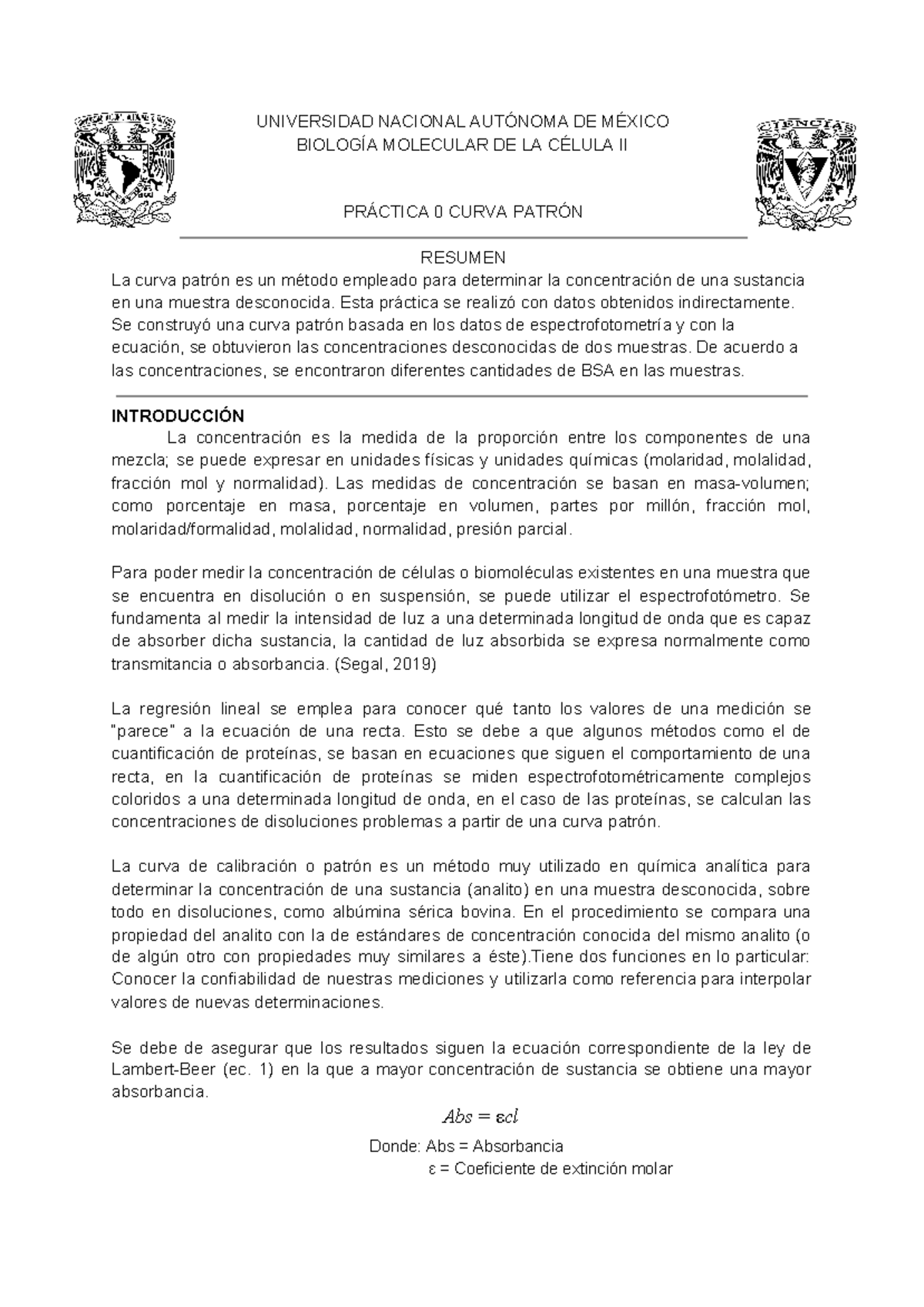 Mol ll Practica 0 Curva patrón - UNIVERSIDAD NACIONAL AUTÓNOMA DE ...