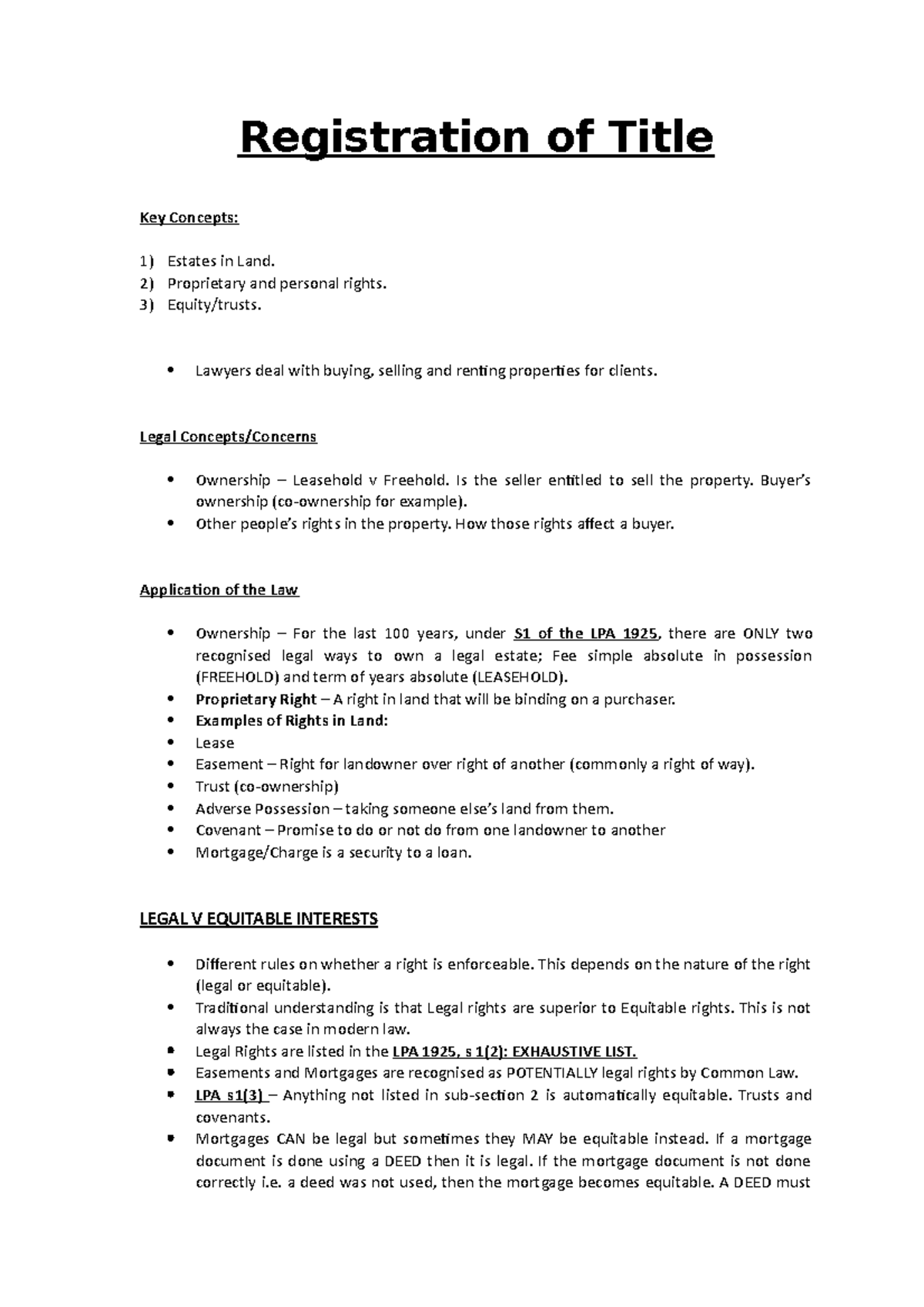 2 - registration of title lecture 1 notes - Registration of Title Key ...