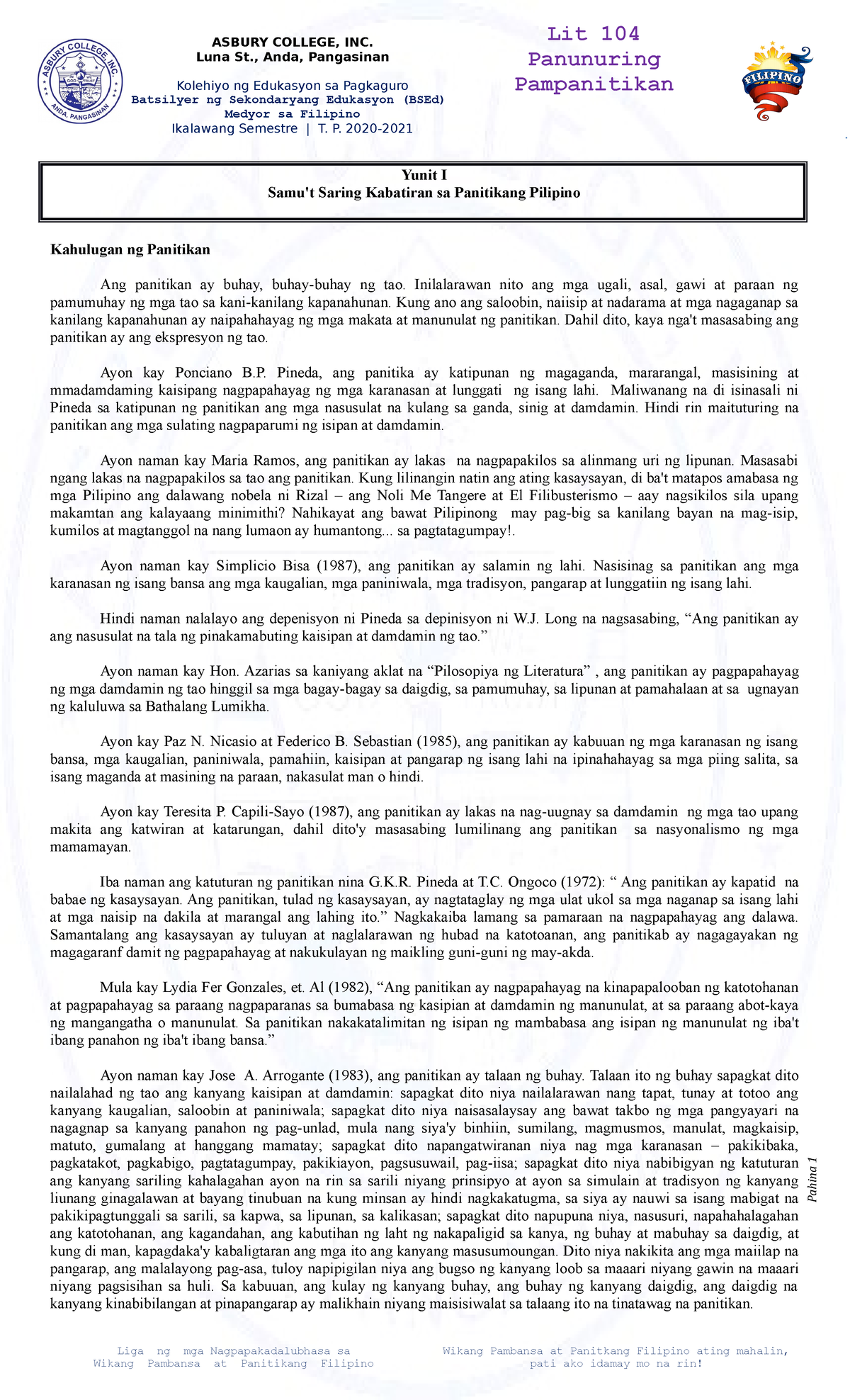 PP - Samut- Saring- Kabatiran-SA- Panitikang- Pilipino - ASBURY COLLEGE ...