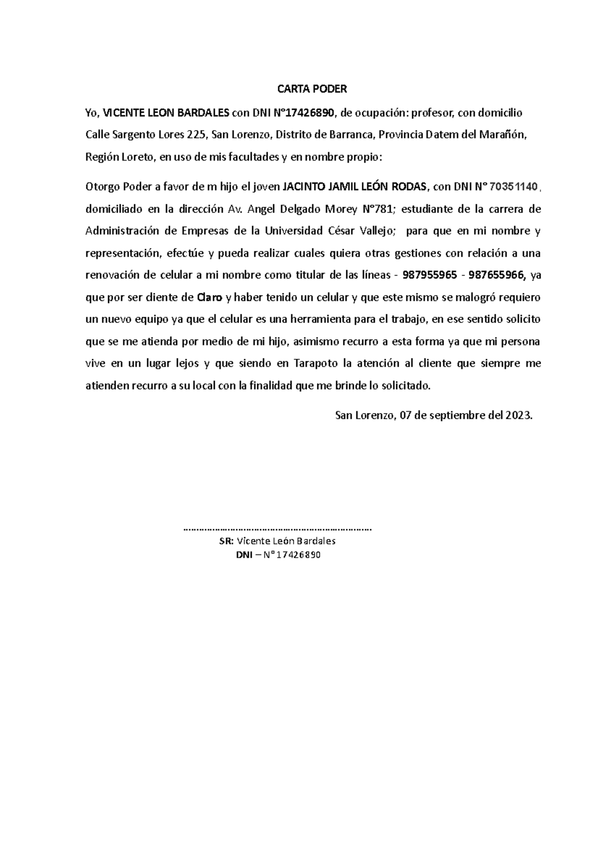 Poder POR Carta CON Firma Legalizada - CARTA PODER Yo, VICENTE LEON ...