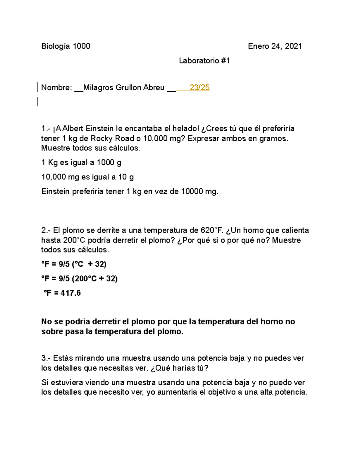 Lab #1 - Lab #1 Answers (Spanish) - Biología 1000 Enero 24, 2021 ...