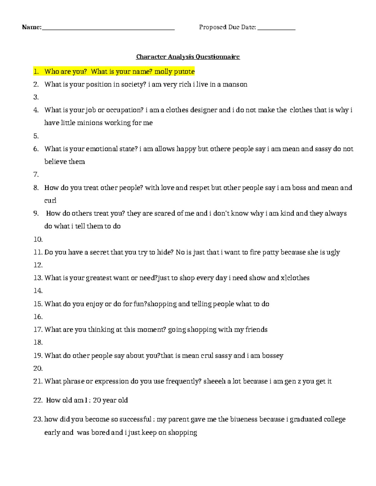 Copy of Character Analysis Questionnaire - - Studocu