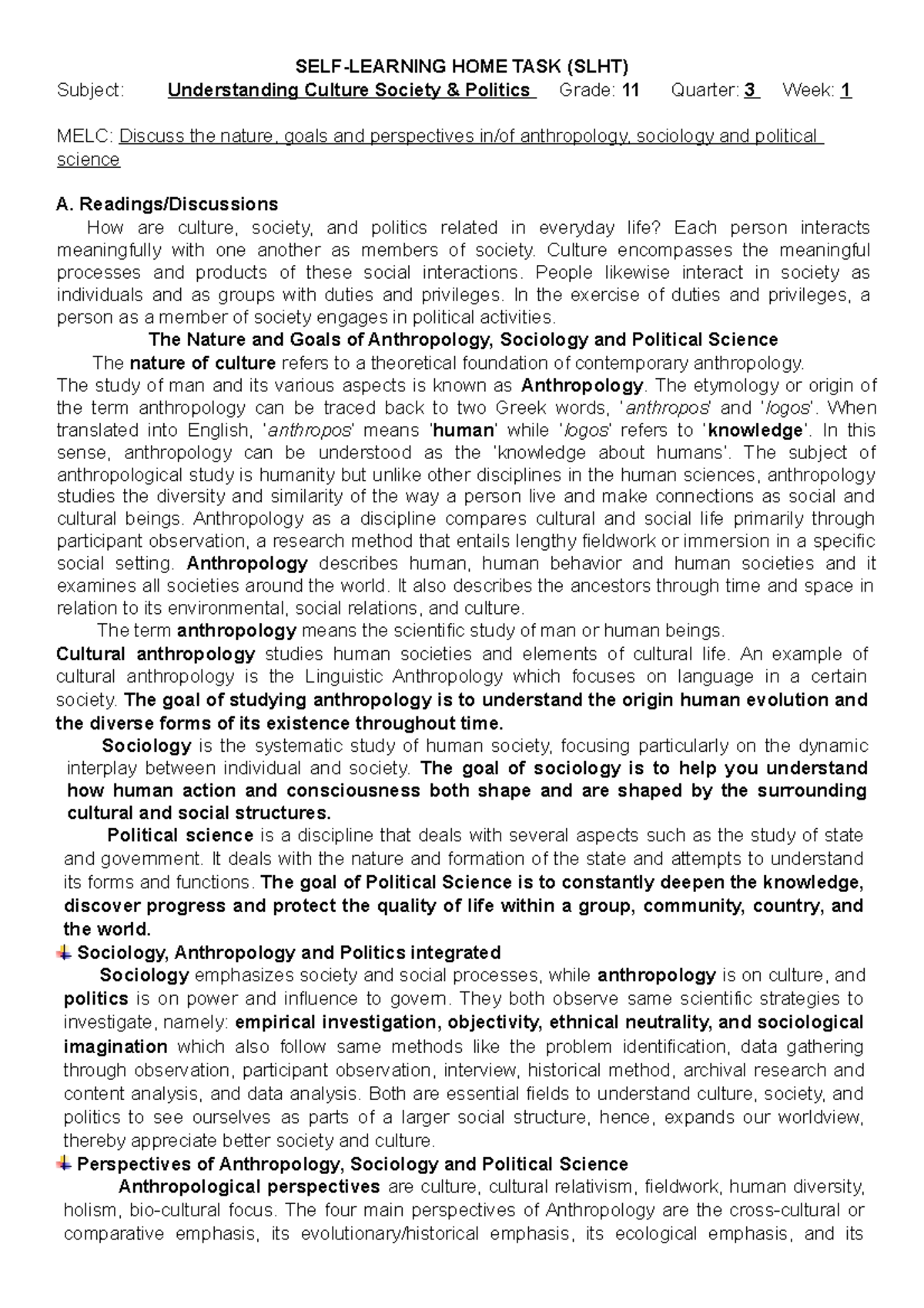 Understanding SLHT Q3 W1 2 - SELF-LEARNING HOME TASK (SLHT) Subject ...