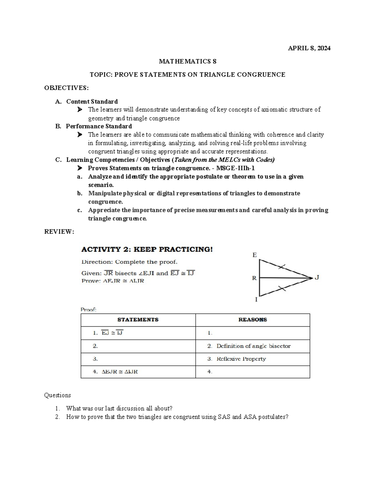 Module - poihgfd - APRIL 8, 2024 MATHEMATICS 8 TOPIC: PROVE STATEMENTS ...