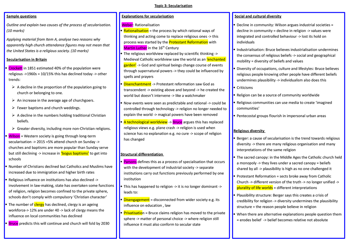 Secularisation - Summary notes with exam questions - Topic 3 ...