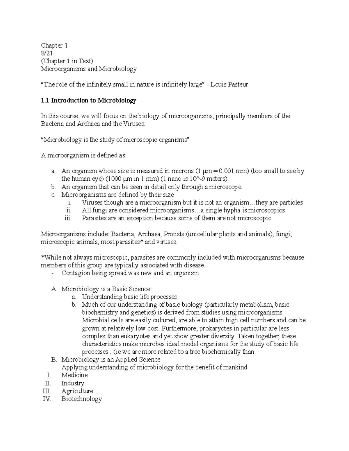 Micro Bio Chapter 1 - Chapter 1 8/ (Chapter 1 in Text) Microorganisms ...