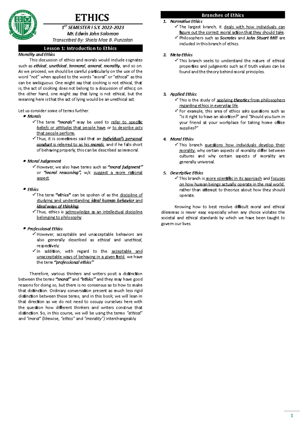 Lesson 1 - Introduction to Ethics - ETHICS 1 ST SEMESTER I S. 2022- Mr ...
