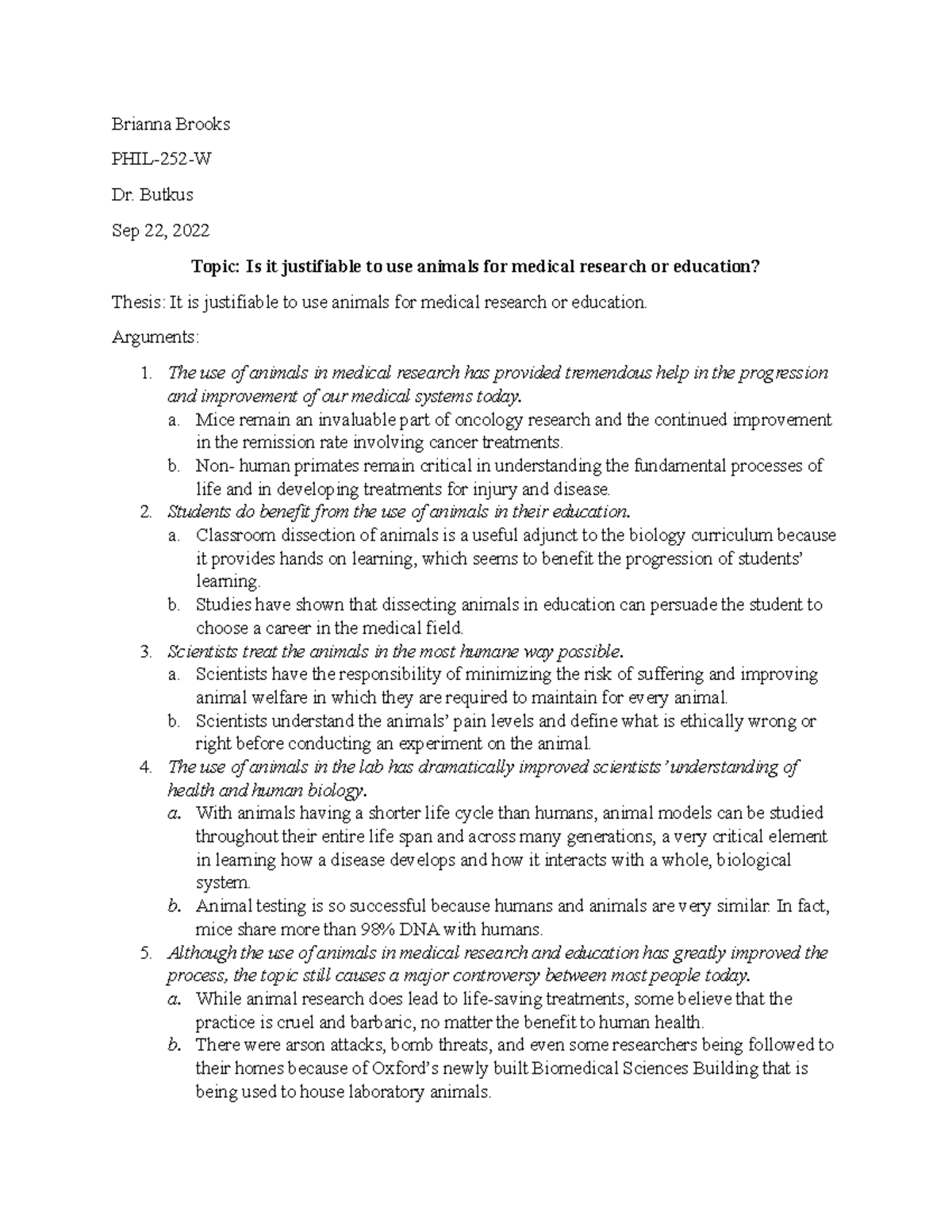 Philosophy thesis paper - Brianna Brooks PHIL-252-W Dr. Butkus Sep 22 ...