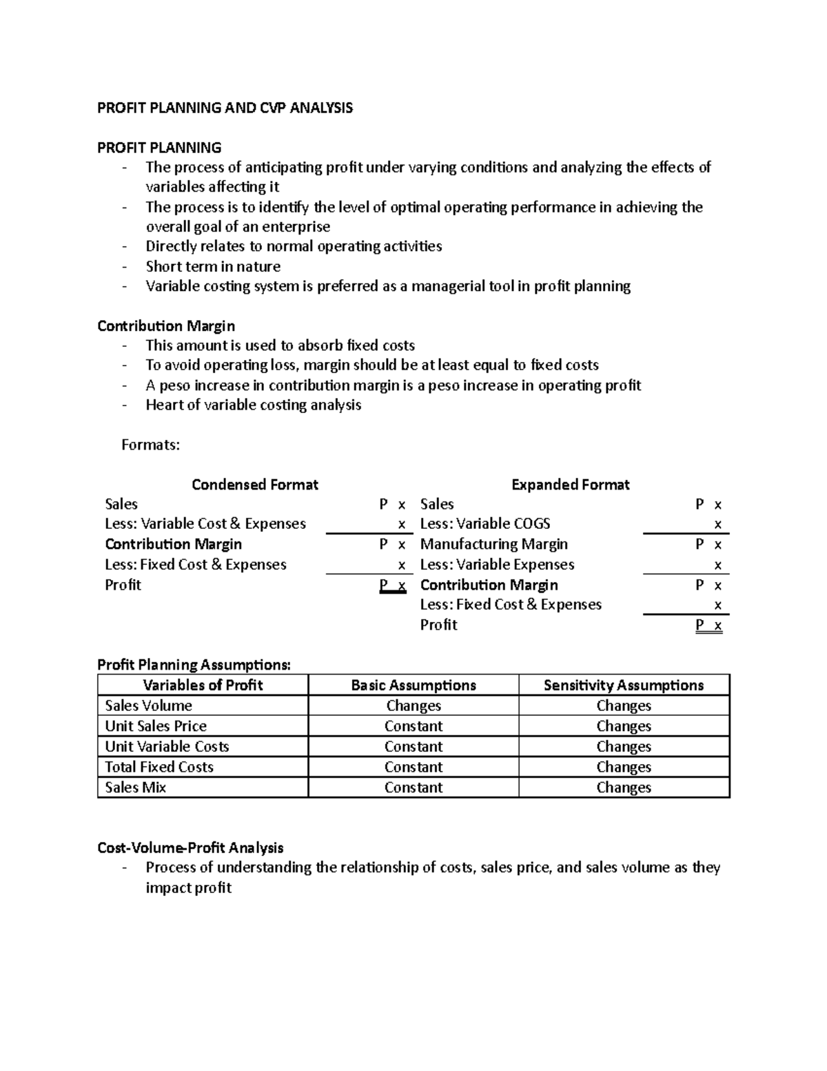 Profit Planning AND CVP Analysis - PROFIT PLANNING AND CVP ANALYSIS PROFIT PLANNING The process ...