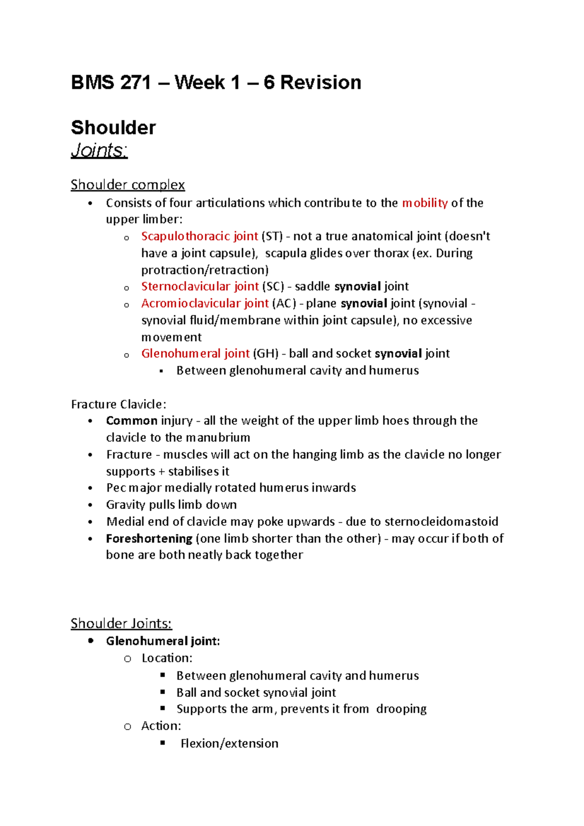 BMS 271 - Week 1-6 Revision - BMS 271 – Week 1 – 6 Revision Shoulder ...