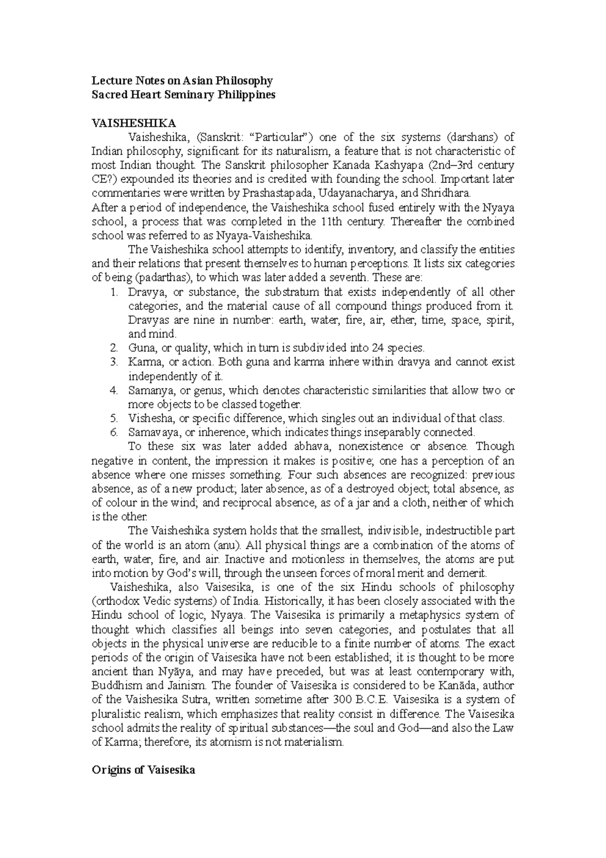 Lecture Notes on Asian Philosophy Vaisheshika - Lecture Notes on Asian ...