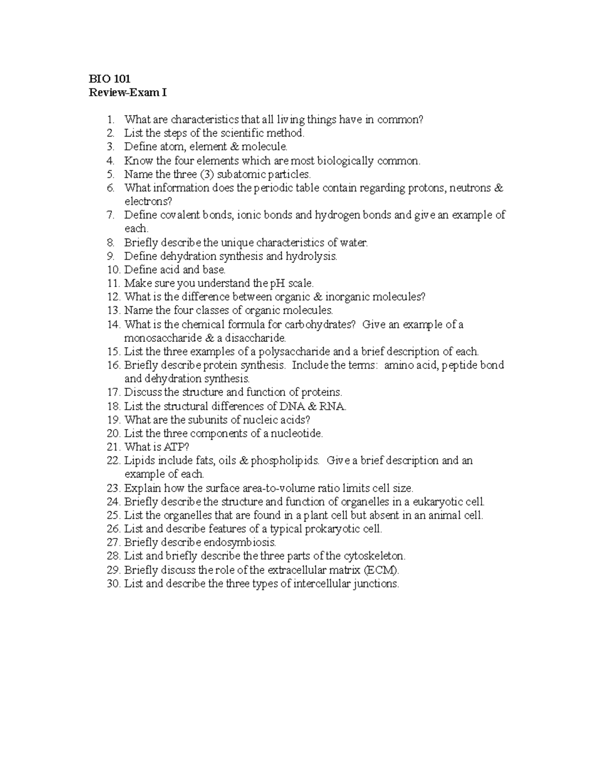 Review Exam I (BIO 101) - BIO 101 Review-Exam I What are ...
