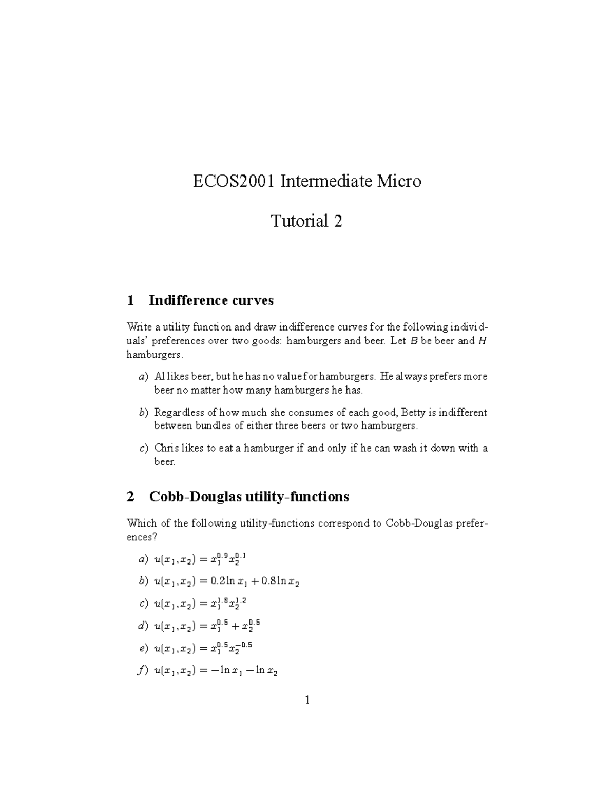 ECOS2001 Tutorial 2 Questions - ECOS2001 Intermediate Micro Tutorial 2 ...