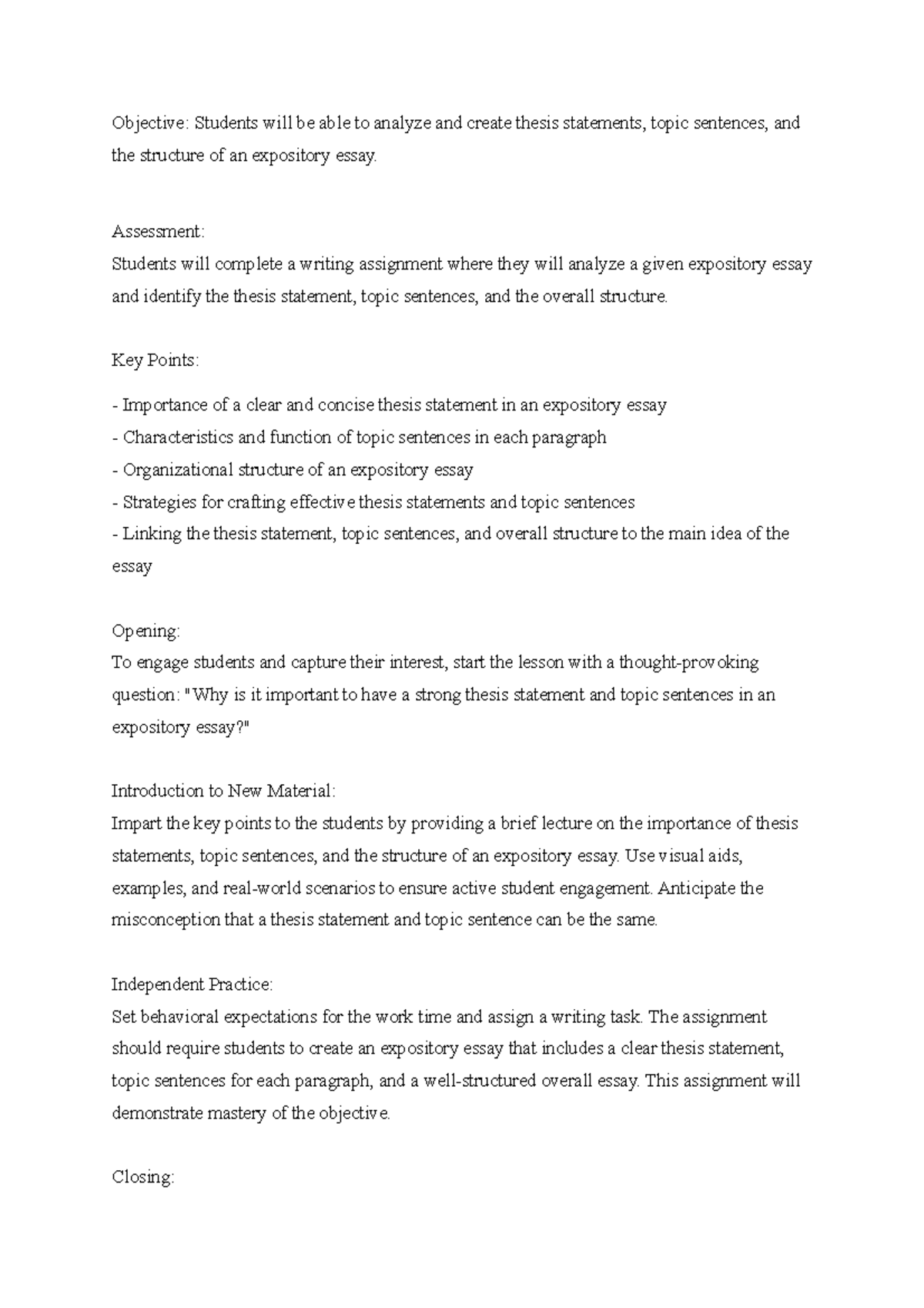 Lesson Plan ELC231 WEEK 2 - Objective: Students will be able to analyze ...