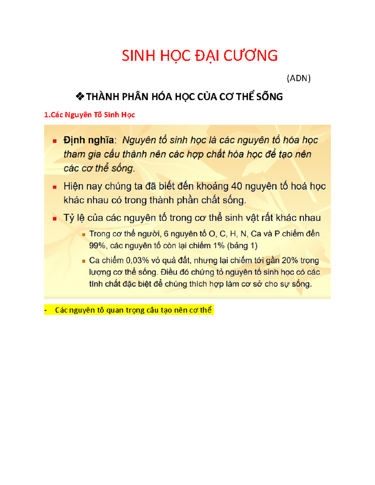 SINH HỌC ĐẠI CƯƠNG CHƯƠNG 2 HÓA HỌC VÀ CƠ THỂ SỐNG - SINH H ỌC Đ I C Ạ ...