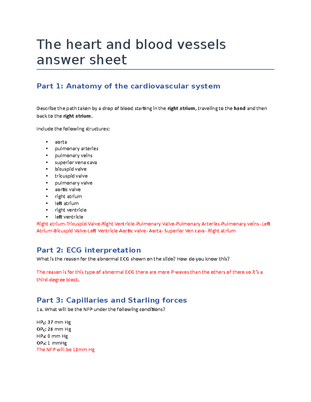 Student answer sheet for cardiovascular system recitation activity ...