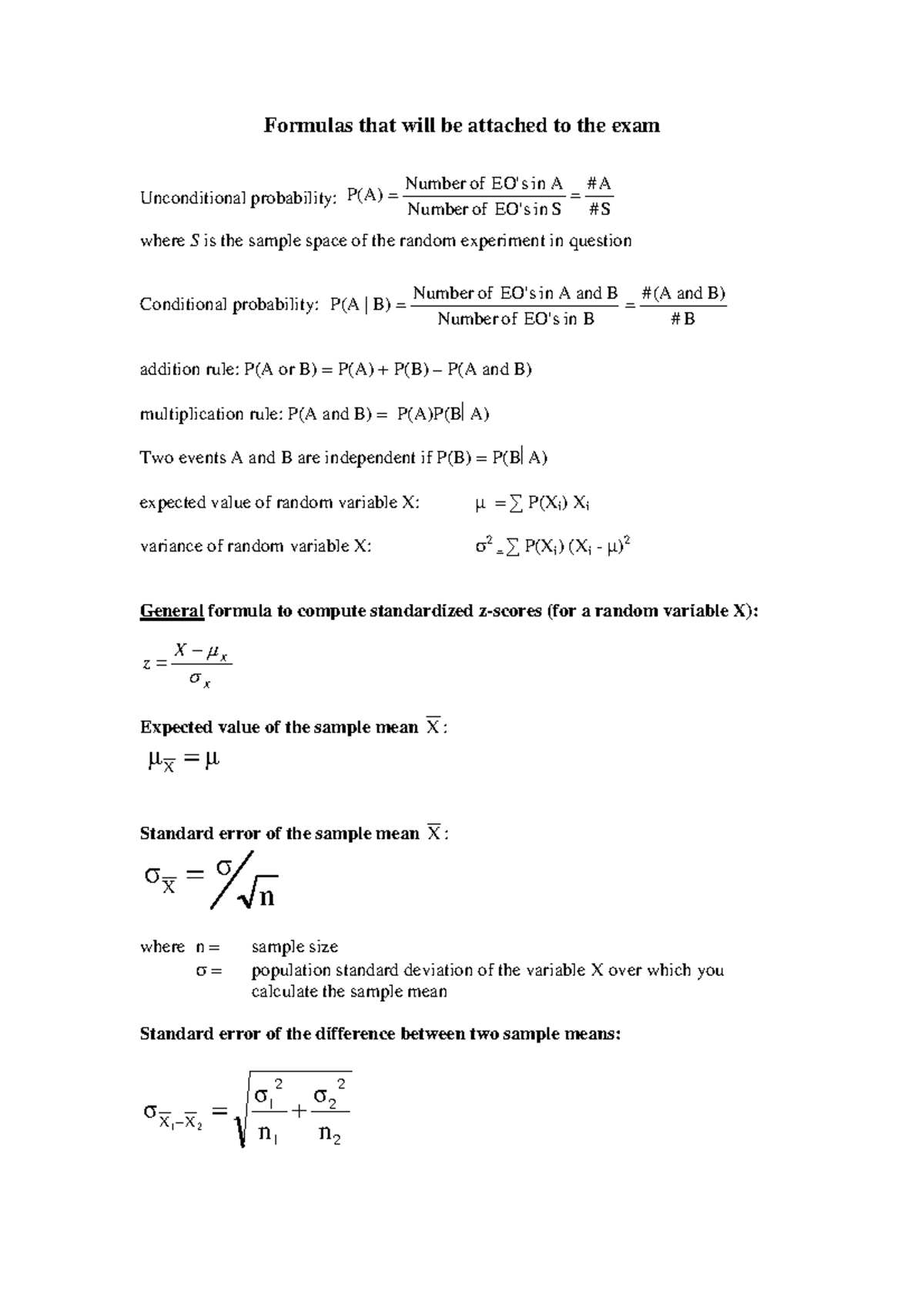 Formulas stat I updated - Formulas that will be attached to the exam ...
