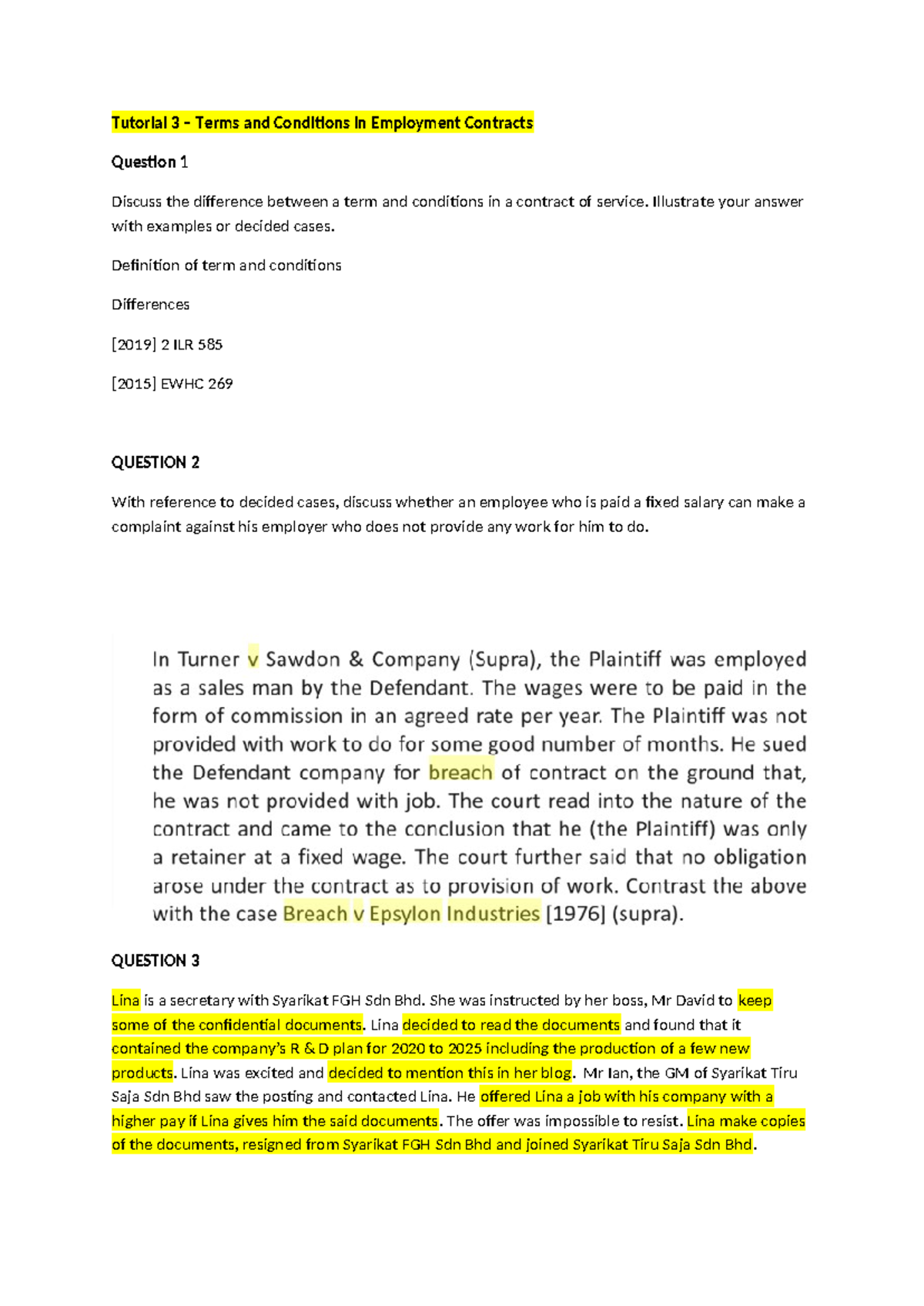 Tutorial 3 and Tutorial 4 (Week 3) - Tutorial 3 – Terms and Conditions in Employment Contracts ...