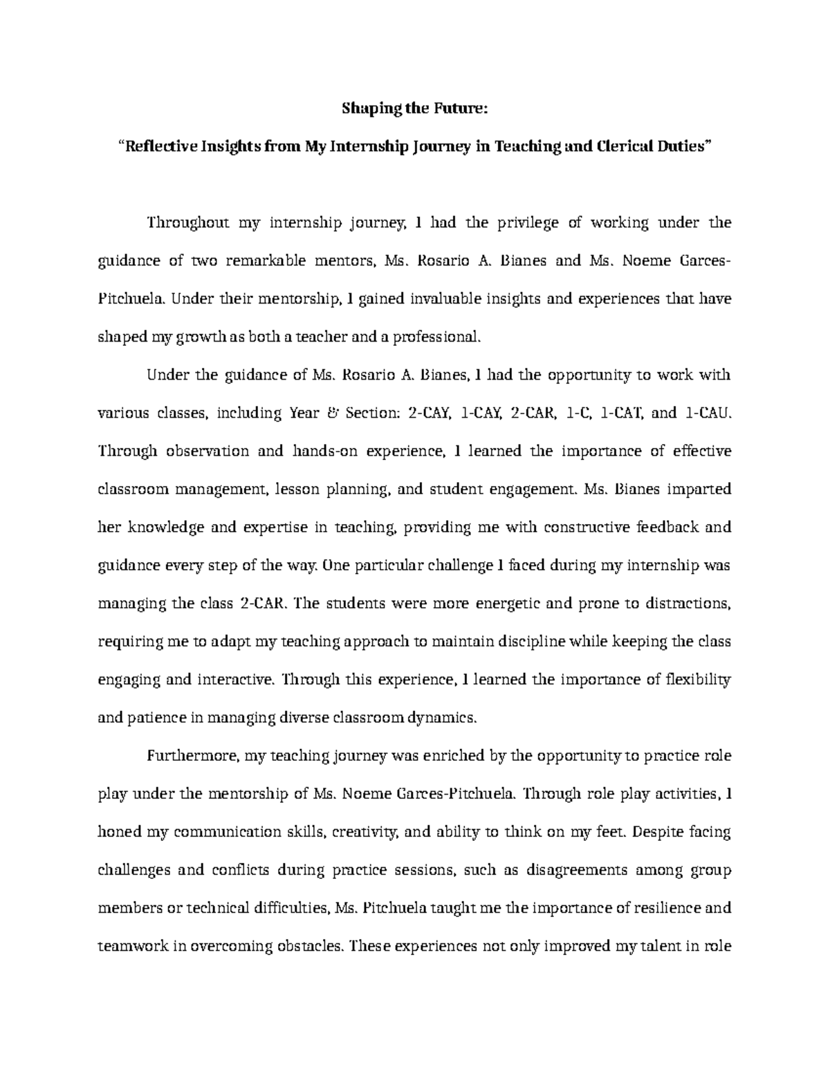 Essay IN Internship - FSGDSDACAFADG - Shaping the Future: “Reflective ...