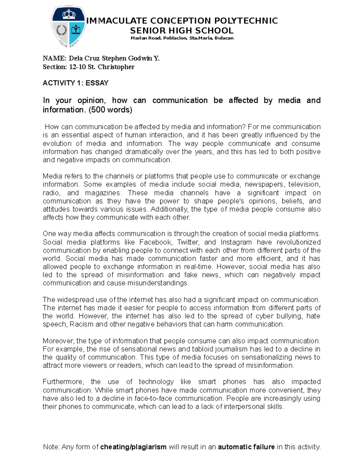Lecture notes 2 - IMMACULATE CONCEPTION POLYTECHNIC SENIOR HIGH SCHOOL ...