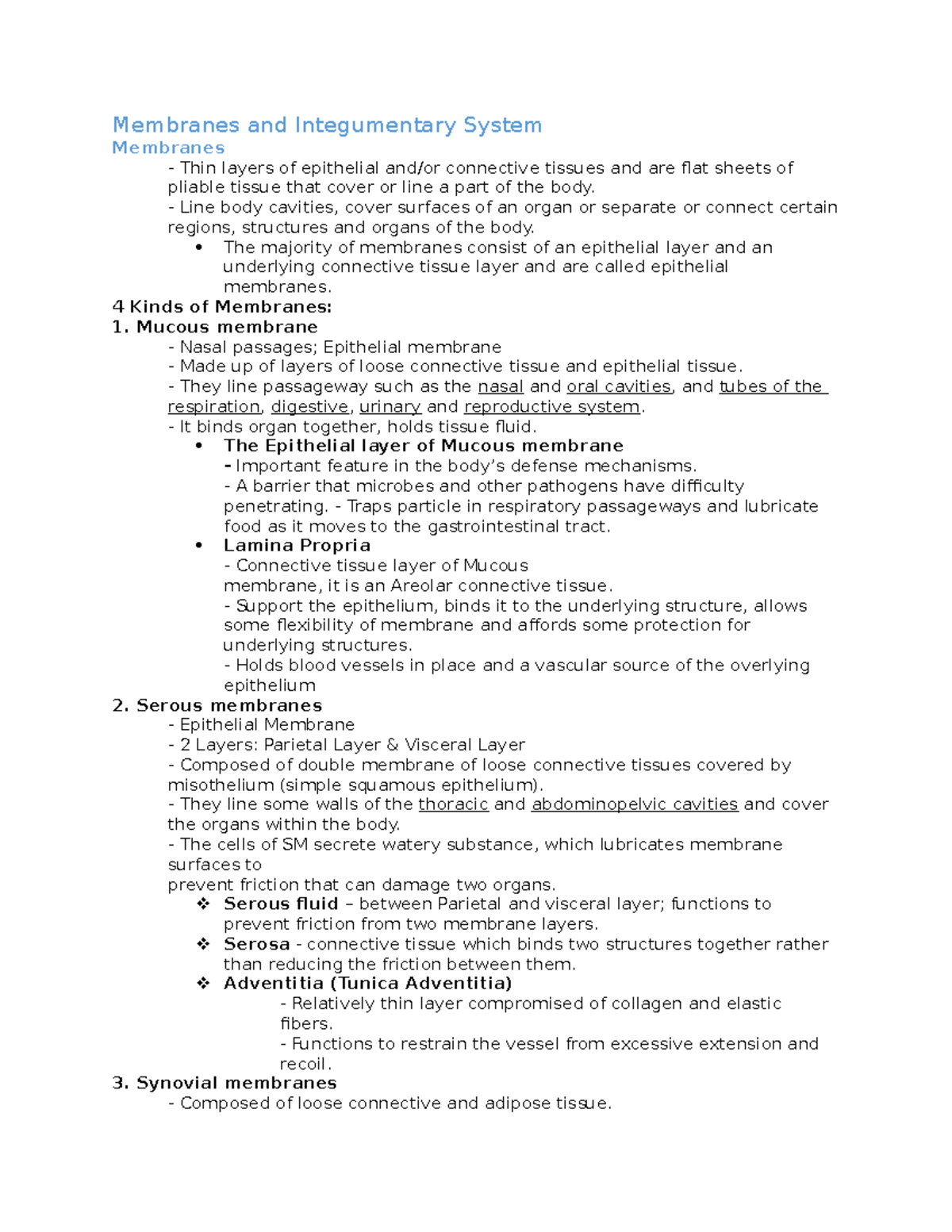 Education Notes 3 - gfyjmhbjb - Membranes and Integumentary System ...