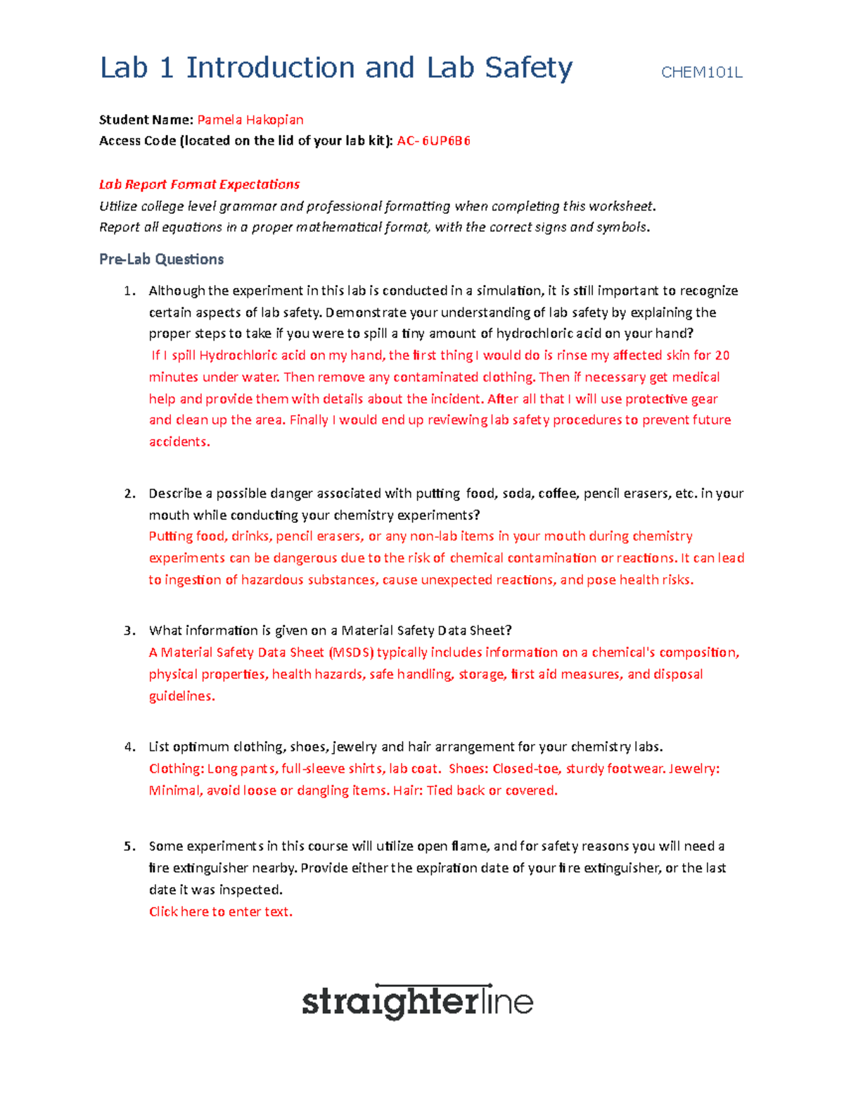 CHEM101L Lab 1 completed - Student Name: Pamela Hakopian Access Code ...