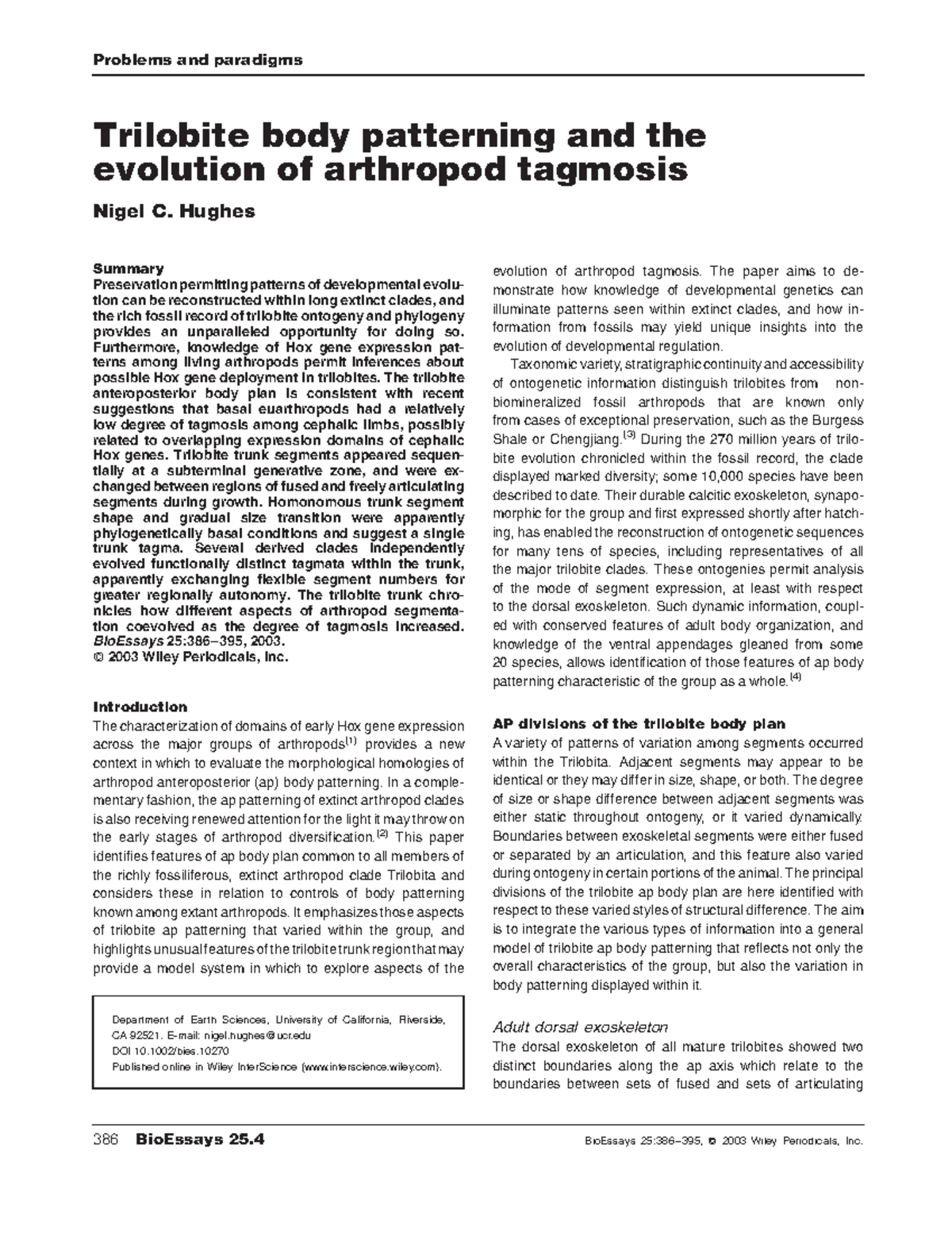 Hughes Bio Essays 2003 - Trilobite body patterning and the evolution of ...