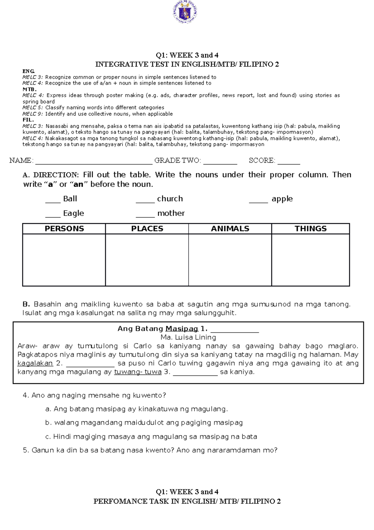 Q1 WEEK 3 4 Integrative TEST - Q1: WEEK 3 and 4 INTEGRATIVE TEST IN ...