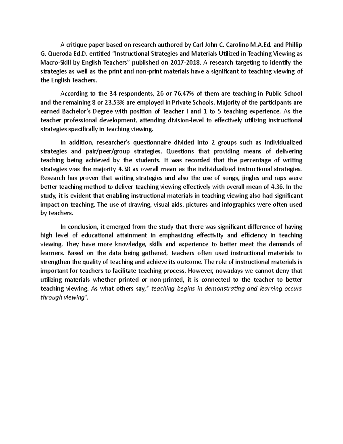 Critique Paper - To review myself to pass the exams. - A critique paper ...