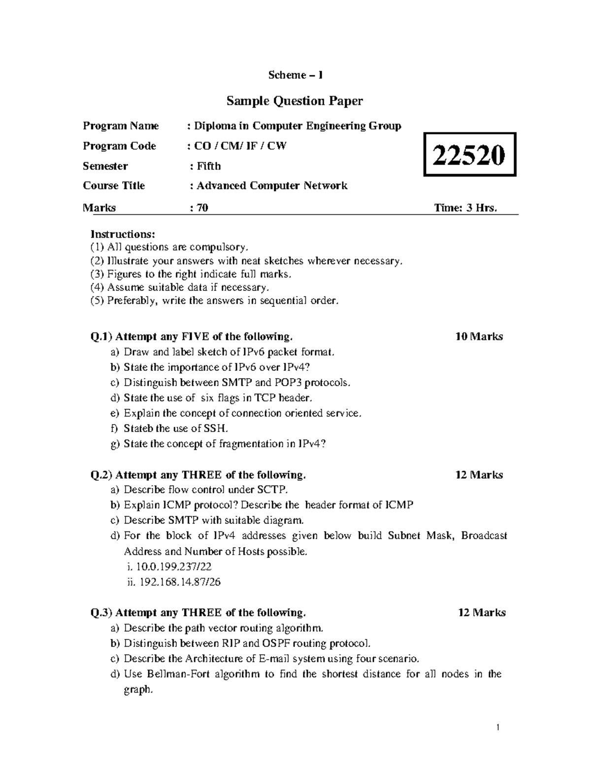 22520 Advanced Computer Network - Scheme – I Sample Question Paper ...