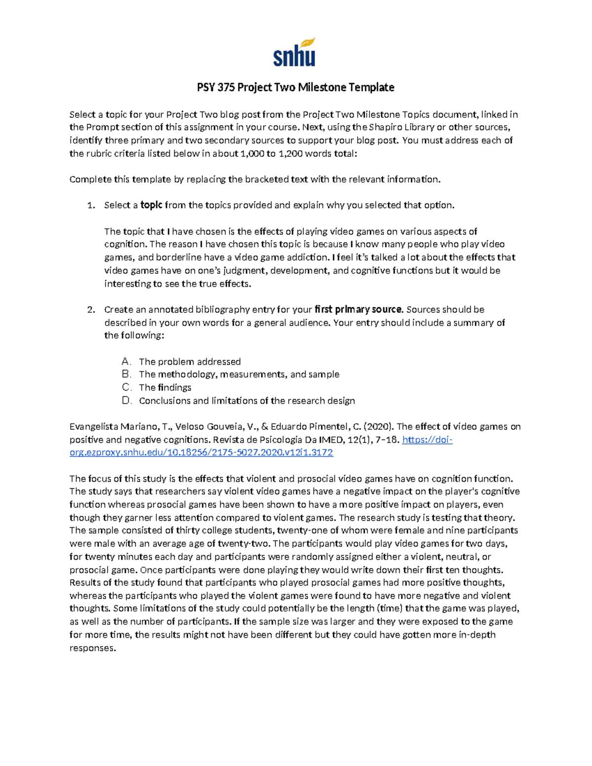 PSY 375 Project Two Milestone Template - PSY 375 Project Two Milestone ...