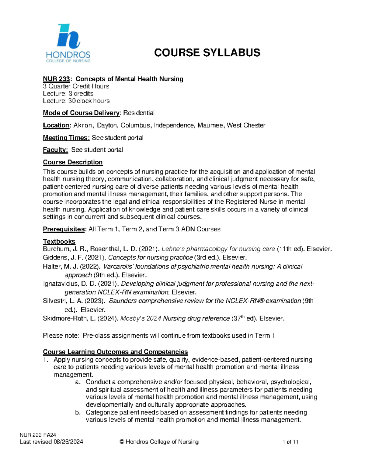 NUR 233 Syllabus FA24 - NUR 233 FA 24 COURSE SYLLABUS NUR 233 : Concepts of Mental Health ...