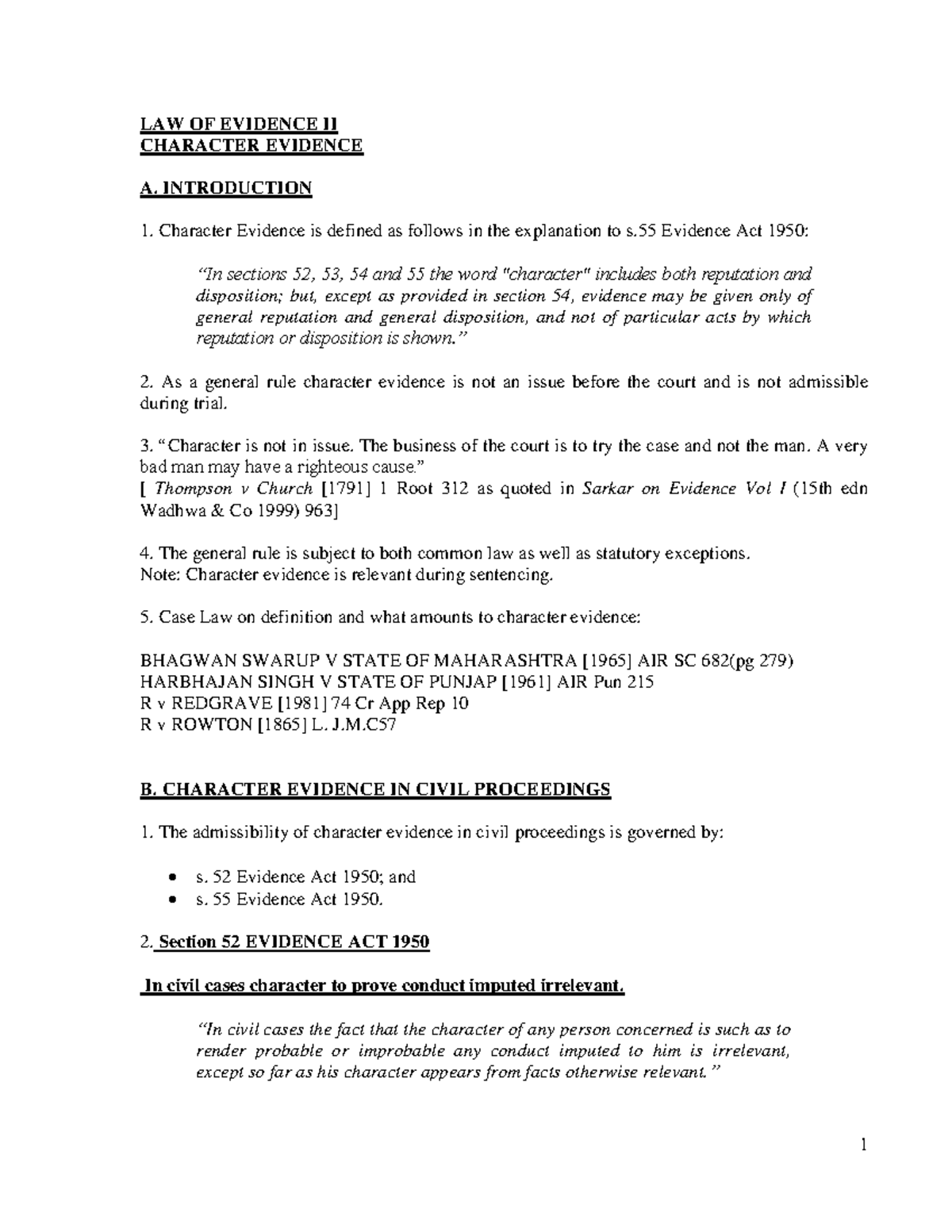 2. Character Evidence Lecture Notes 2023 - LAW OF EVIDENCE II CHARACTER ...