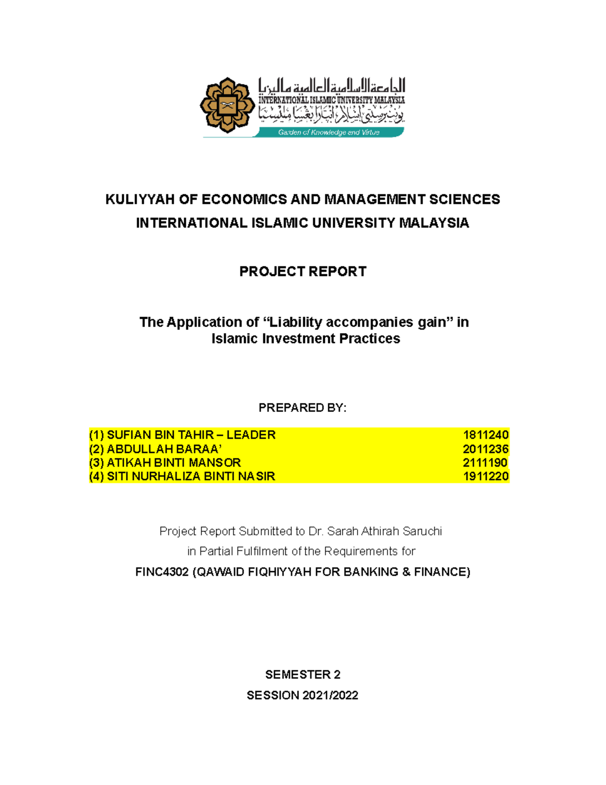 2. FINC4301 Template OF Project Report - KULIYYAH OF ECONOMICS AND ...