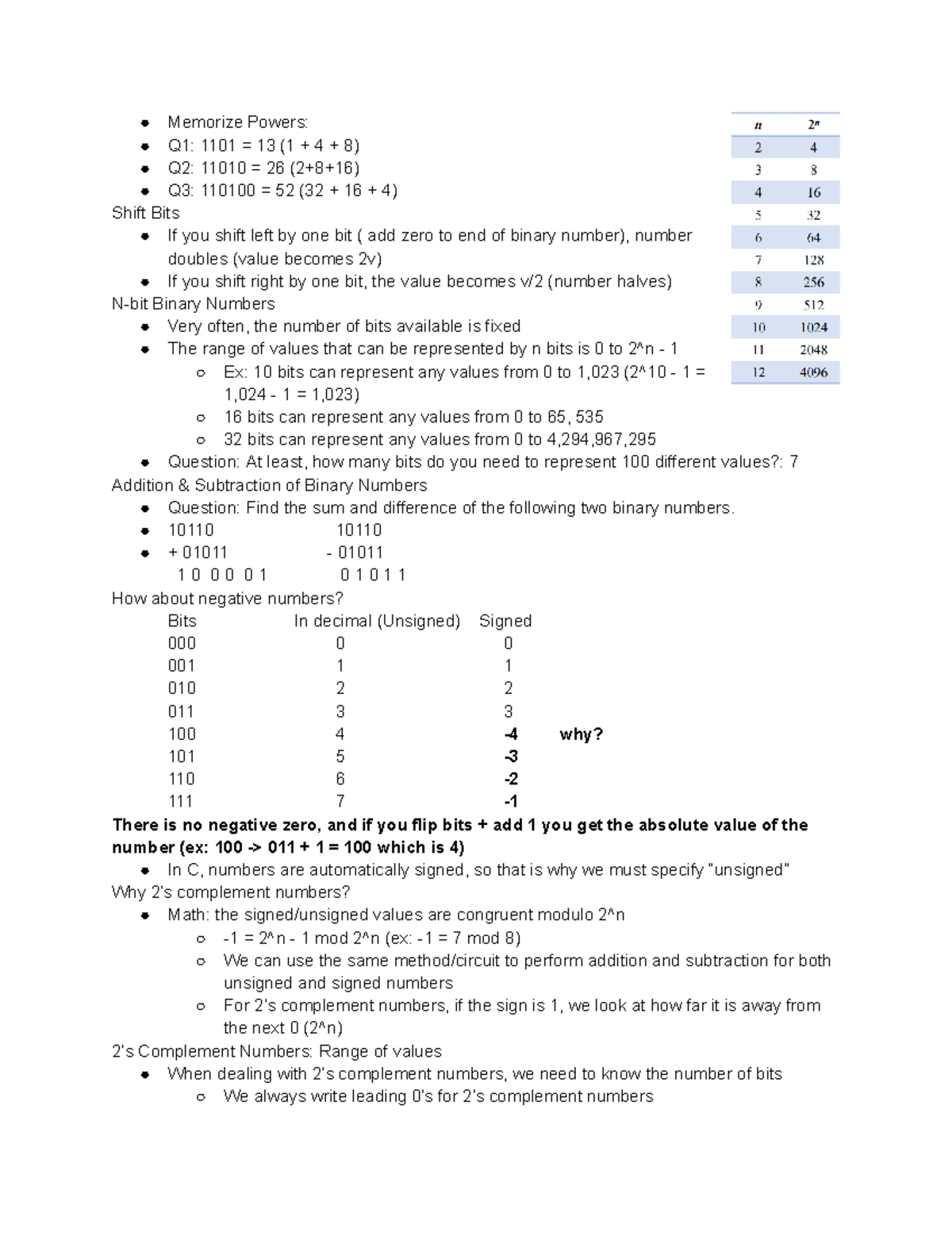CSE 3666 Lecture 3 - Memorize Powers: Q1: 1101 = 13 (1 + 4 + 8) Q2 ...